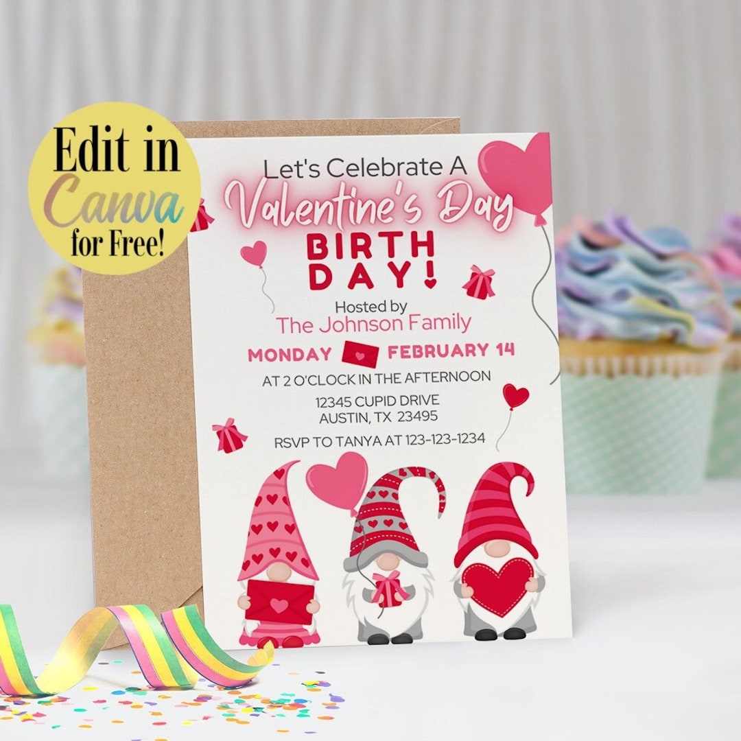 Editable Gnome Valentines Day Party Invitation Template, Gnome Birthday ...