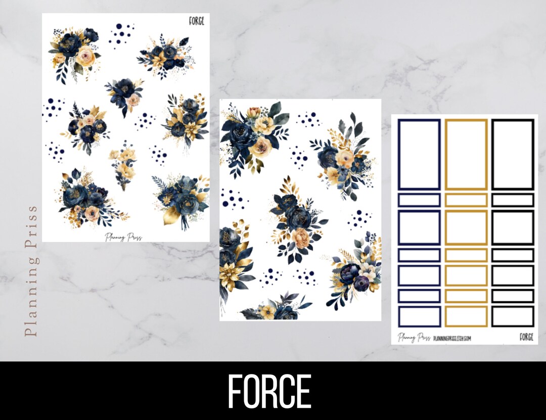 Force Floral Deco Sticker Kit/navy Blue Florals/kiss Cut Stickers - Etsy