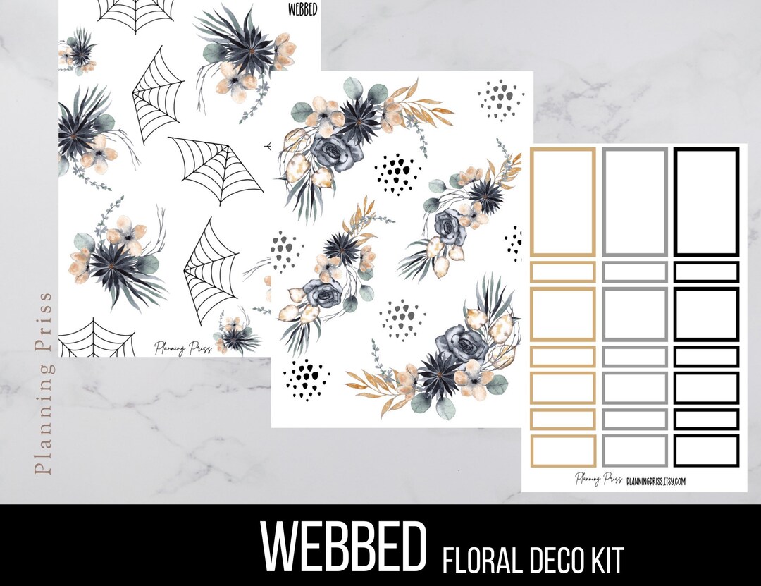 Webbed Floral Deco Sticker Kit/ Black and Gray Floral Deco/kiss Cut ...