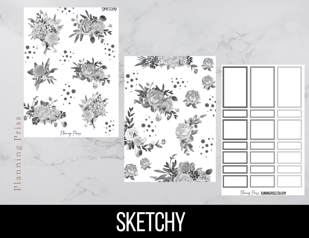 Sketchy Floral Deco Sticker Kit/kiss Cut Stickers - Etsy