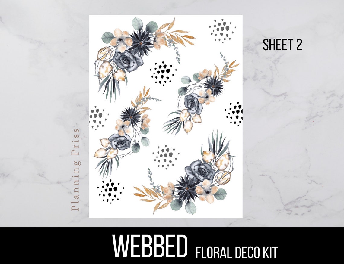 Webbed Floral Deco Sticker Kit/ Black and Gray Floral - Etsy