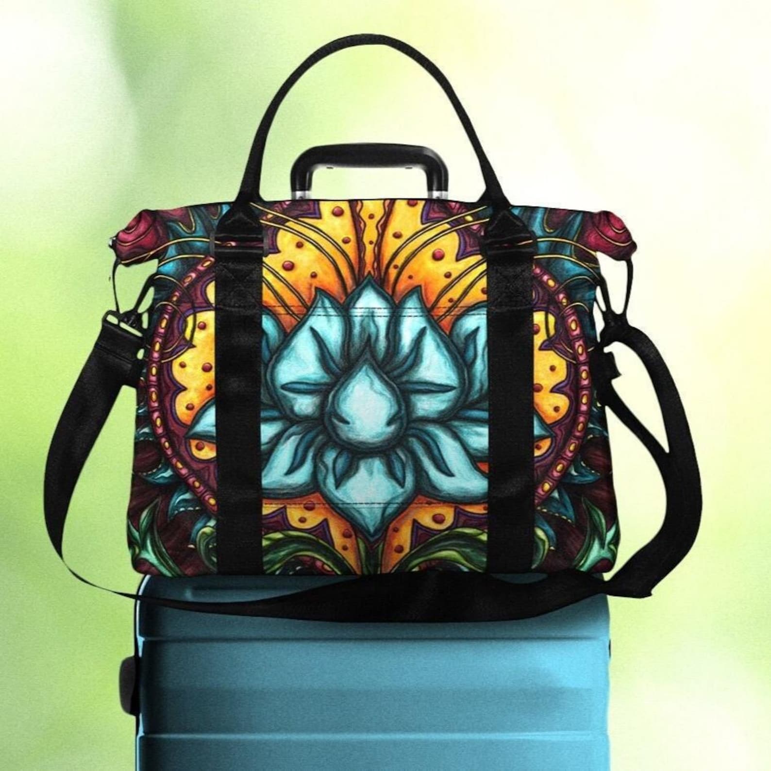 Blue Lotus Flower Duffle Bag, Colorful Women Travel Tote Bag With ...