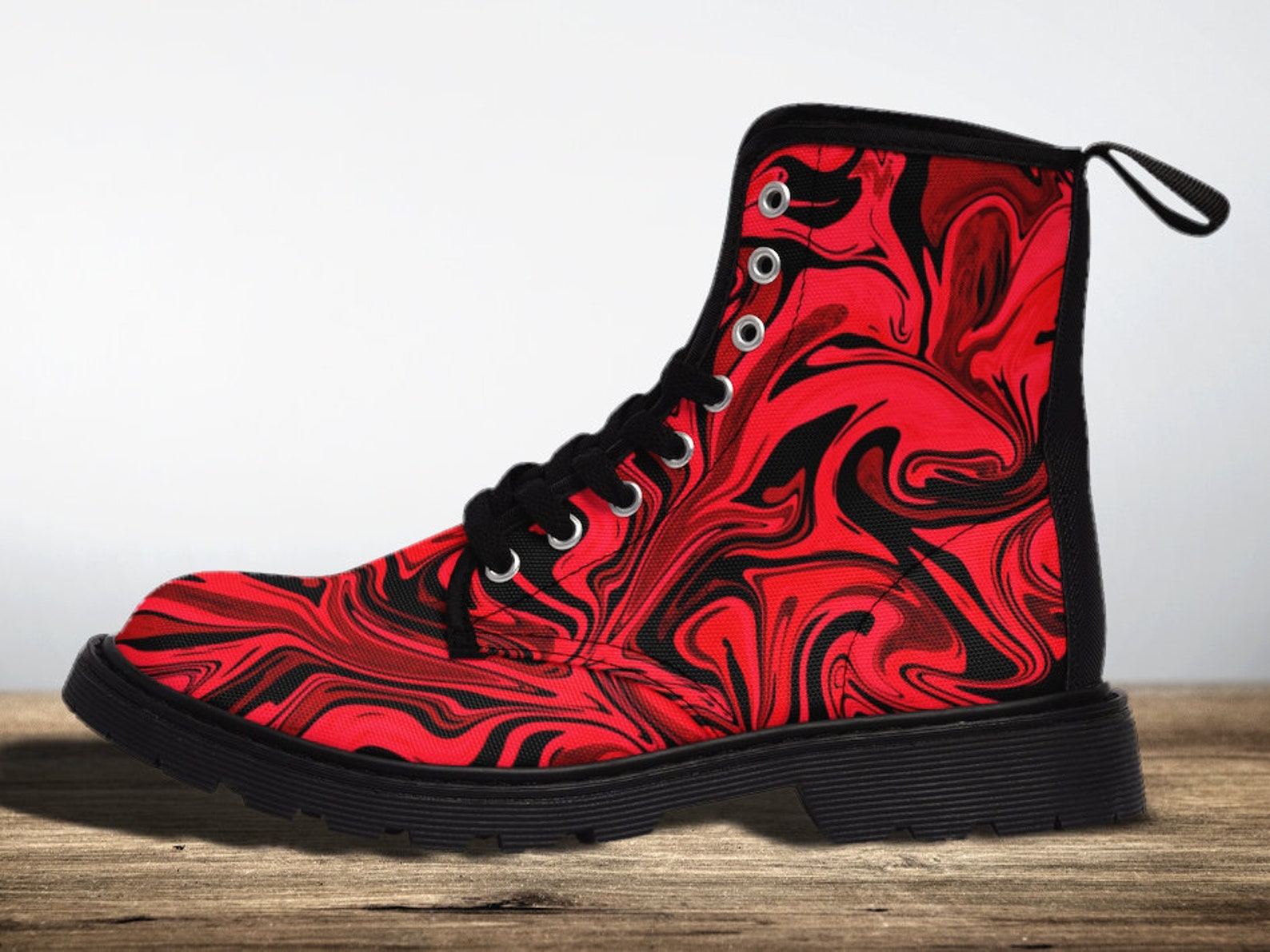Red and Black Fluid Art Combat Boots Printed Canvas Boots - Etsy