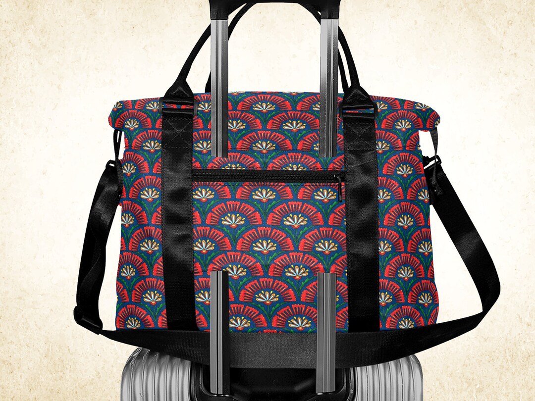 Blue Japanese Fan Nylon Duffle Bag, Floral Weekender XL Tote With Strap ...