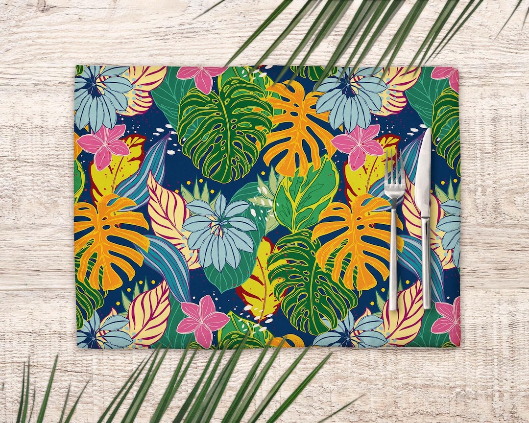 Hawaiian Blue Placemats Set, Colorful Palm Leaves Fabric Placemats for ...