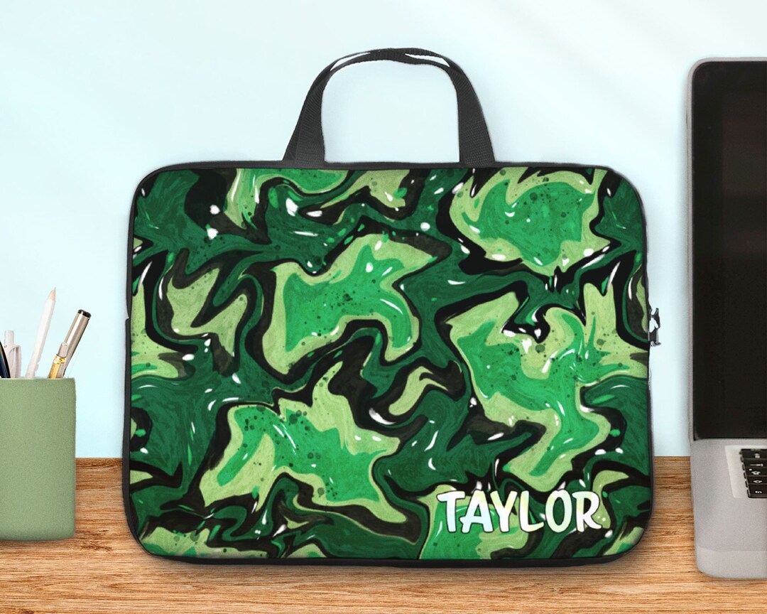 Black and Green Camo Laptop Bag With Handles, Personalized Neoprene ...
