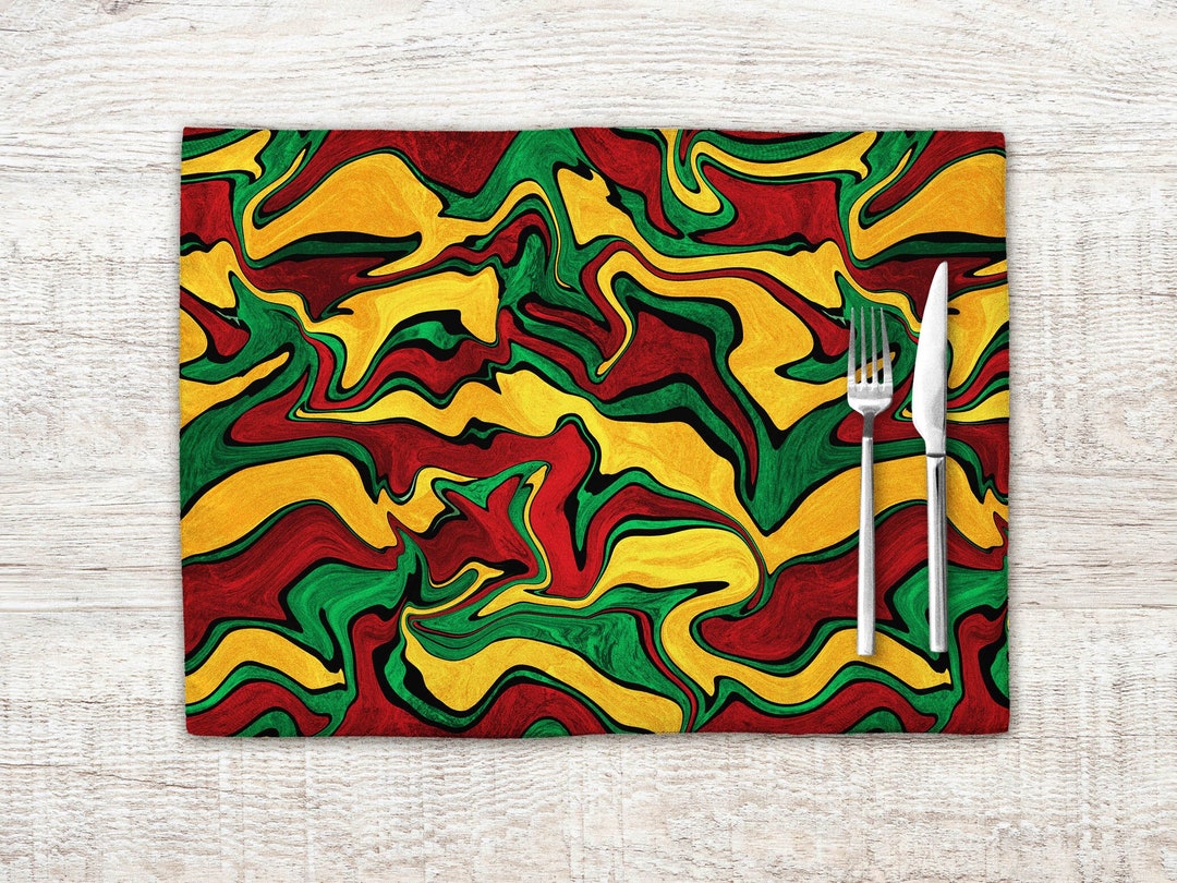 Rasta Colors Placemats Set, Abstract Red Yellow and Green Printed ...