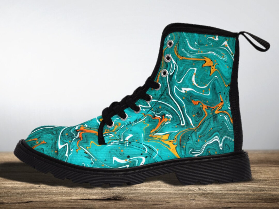Teal and Orange Combat Boots, Abstract Marble Pattern Canvas Boots ...