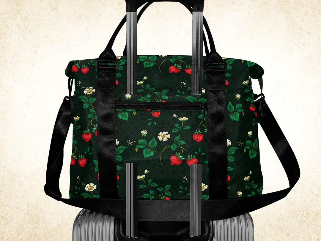 Strawberry Floral Weekender Bag: Dark Green Travel Tote With Trolley ...