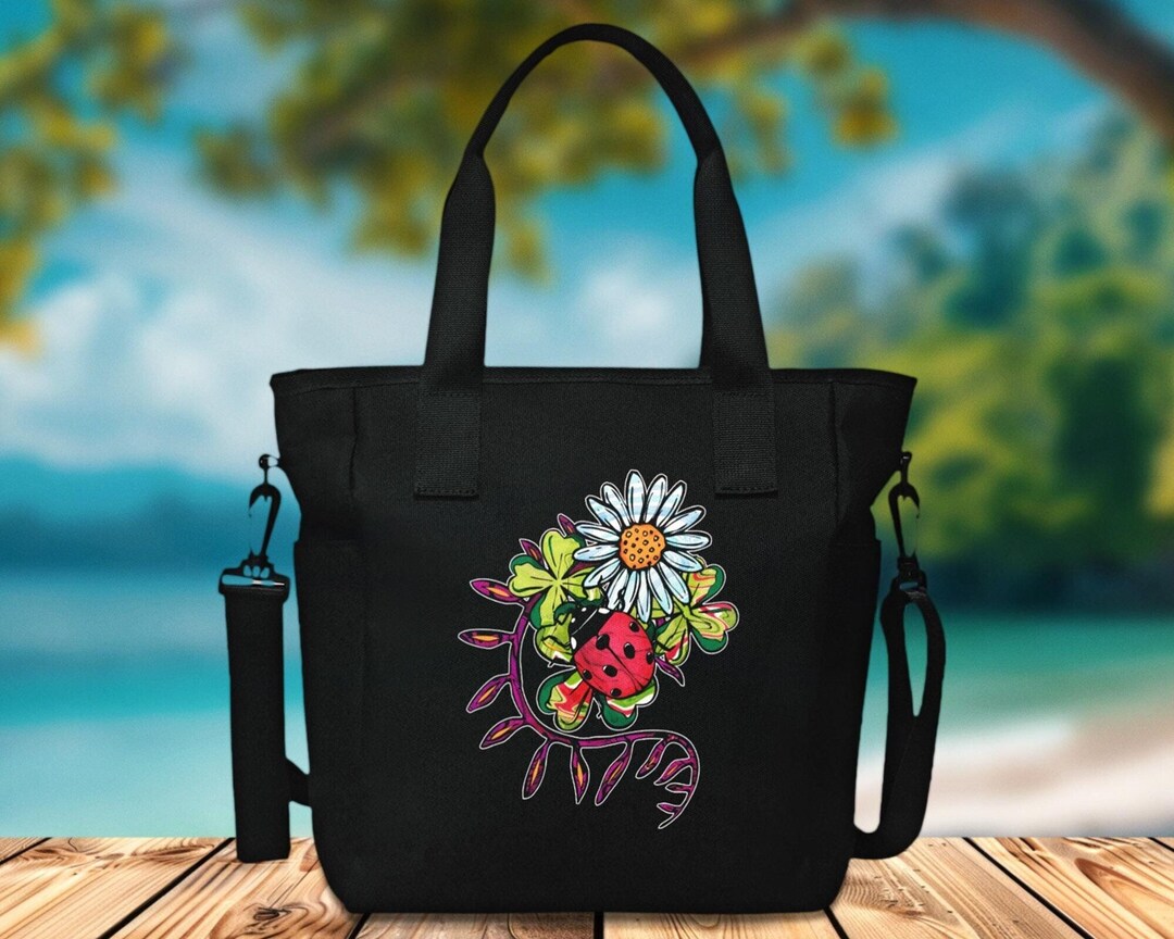 Ladybug Tote-bag With Zipper, Black Nylon Shoulder Bag With Handles and ...