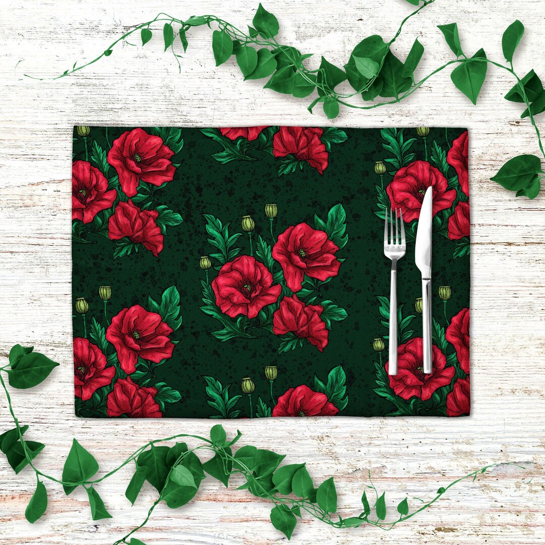 Red and Green Poppies Placemats Set of 6 4 2 or 1, Floral Place Mats ...