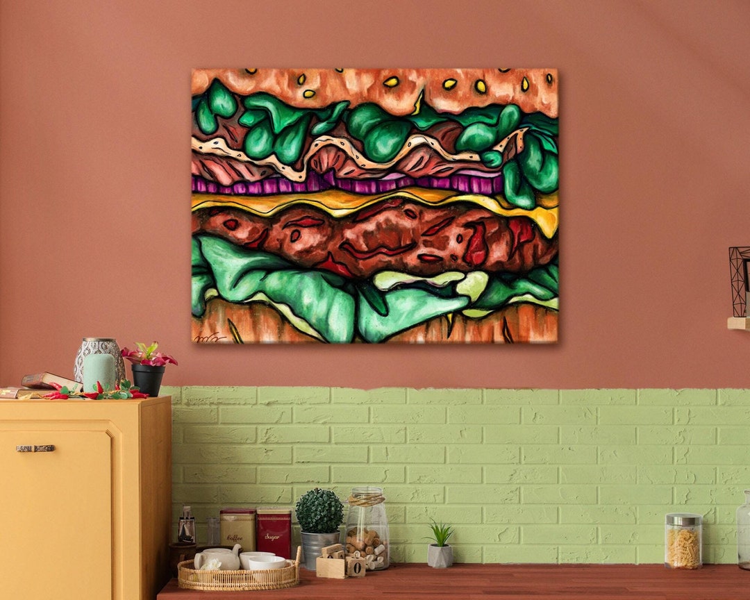 Burger Large Canvas Wall Art, Colorful Pop Art Food Painting Printed on ...