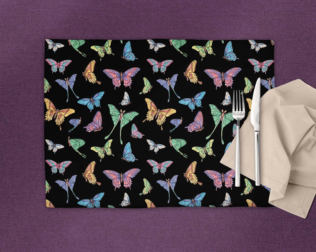 Butterfly Placemats Set, Colorful Flying Butterflies and Moth on Black ...