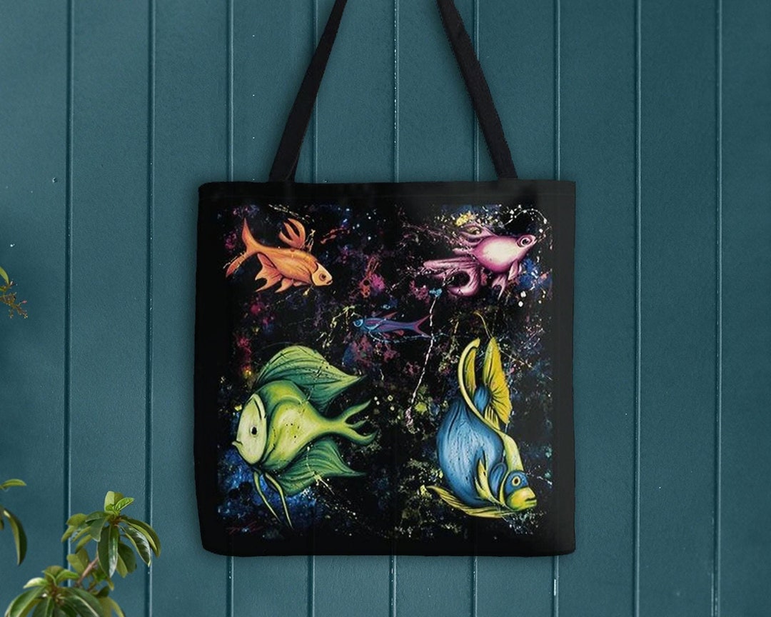 Funny Fish Tote Bag, Black Canvas Tote Printed With Artistic Tropical ...