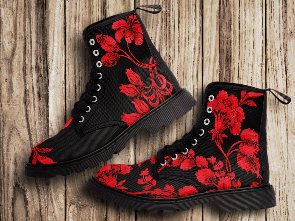 Floral Combat Boots Women Black Canvas Mod Boots Red Flowers - Etsy