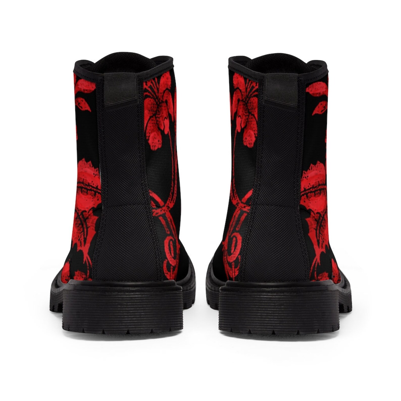 Floral Combat Boots Women Black Canvas Mod Boots Red Flowers - Etsy
