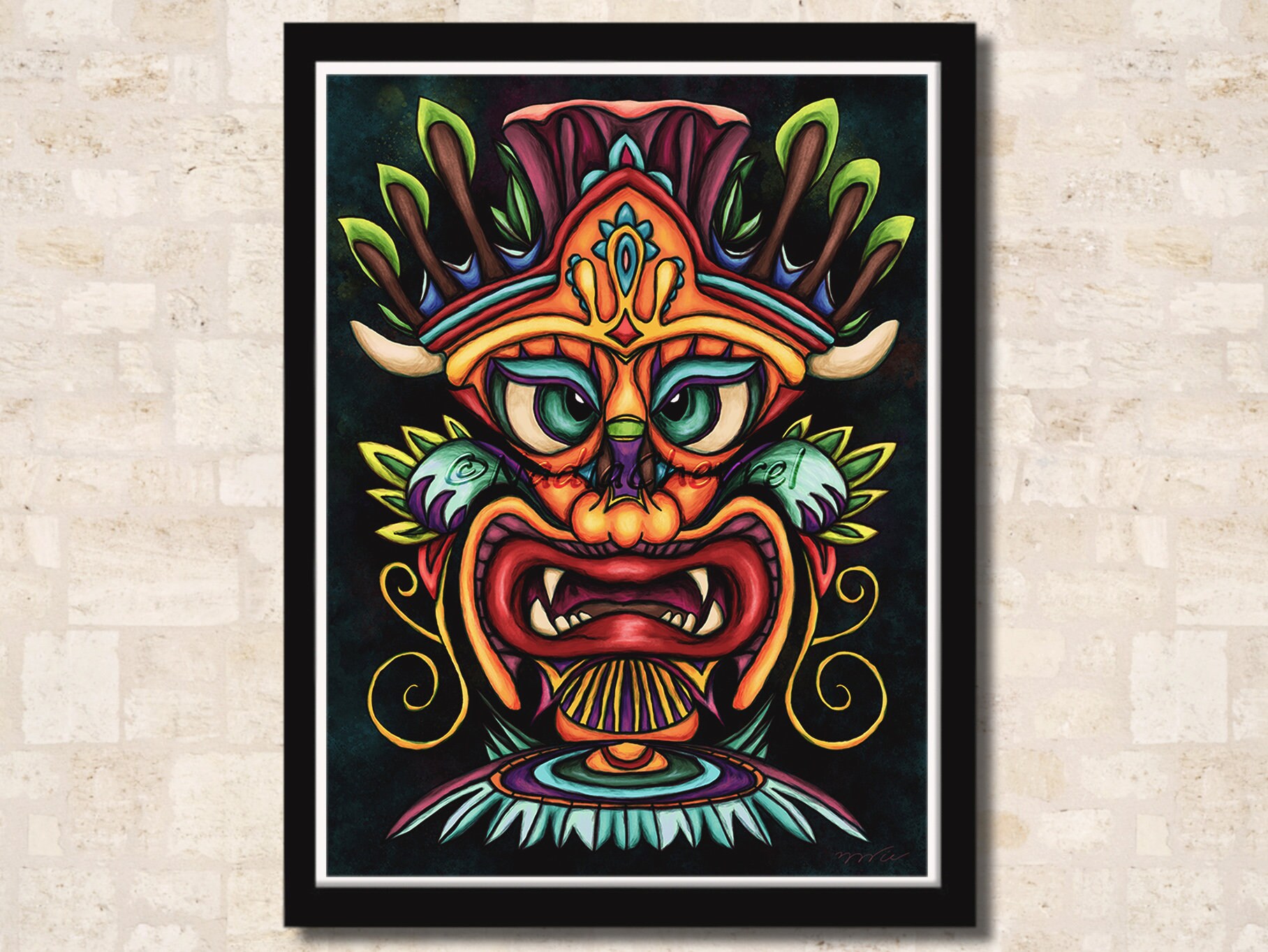 Tiki Totem Art Print Vibrant Maori Mask Painting Printed on - Etsy