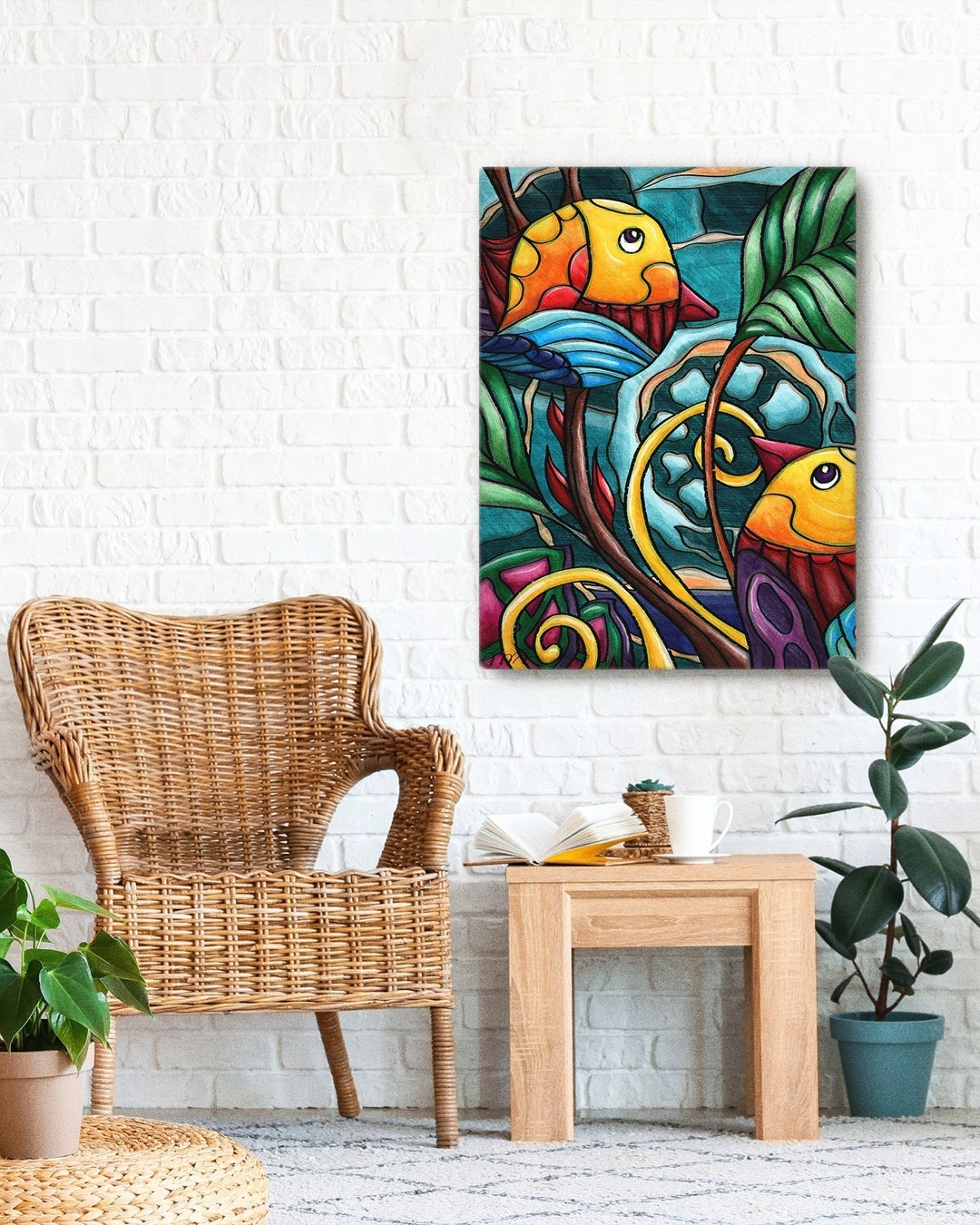 Colorful Bird Wall Art, Cartoon Birds Painting Printed on Canvas, Naive ...