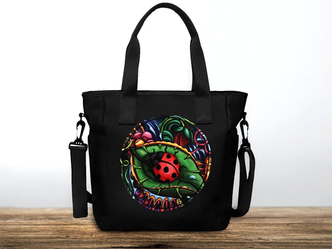 Ladybug Tote Bag With Zipper, Black Nylon Shoulder Bag With Handles and ...