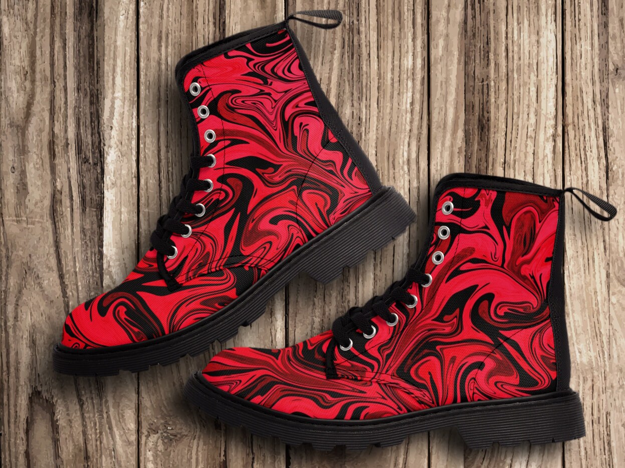 Red and Black Fluid Art Combat Boots Printed Canvas Boots - Etsy