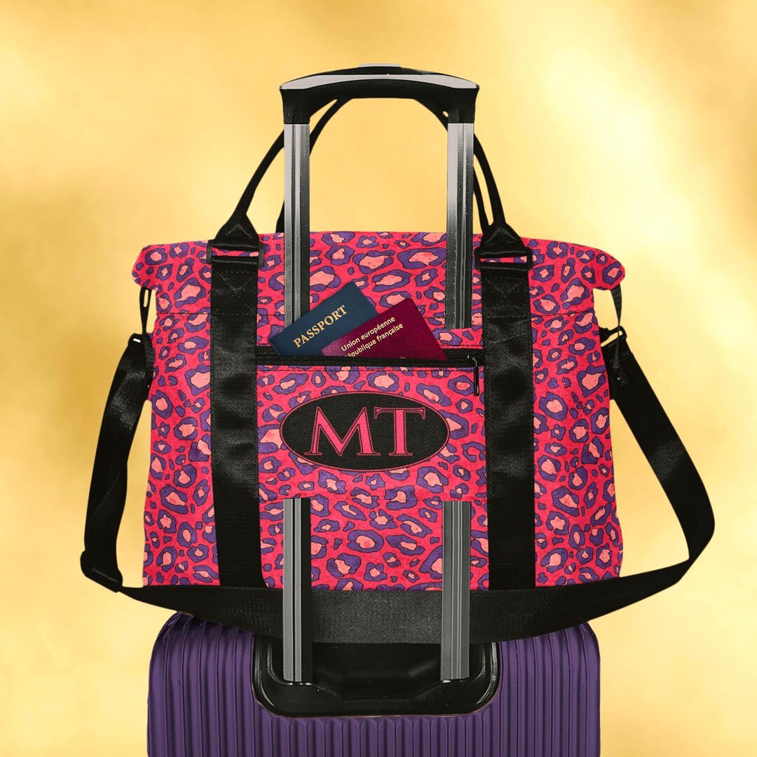 Pink Leopard Travel Tote With Trolley Sleeve Strap, Funky Cheetah Spots ...