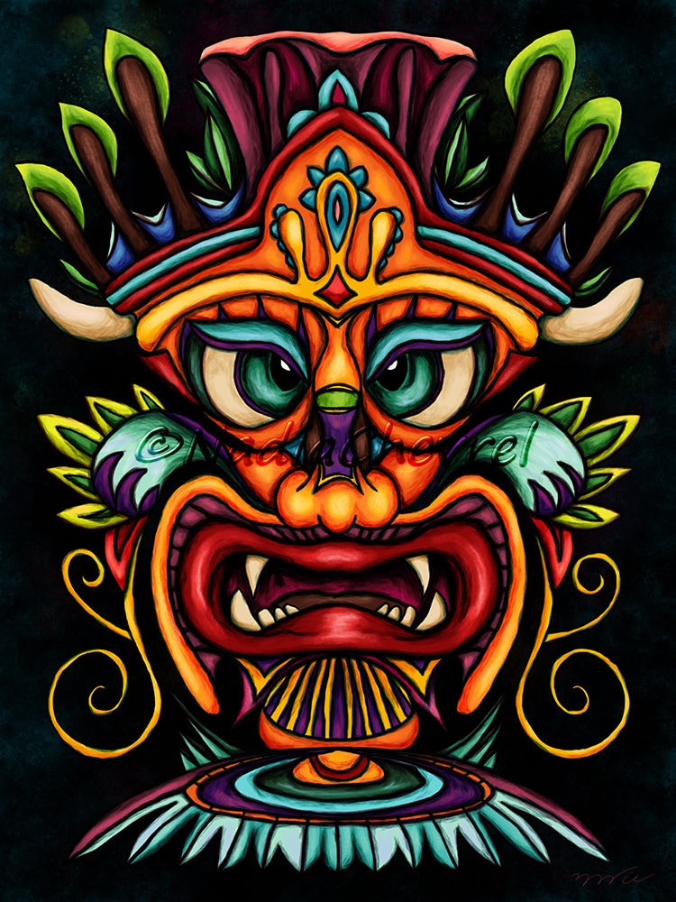 Tiki Totem Art Print Vibrant Maori Mask Painting Printed on - Etsy