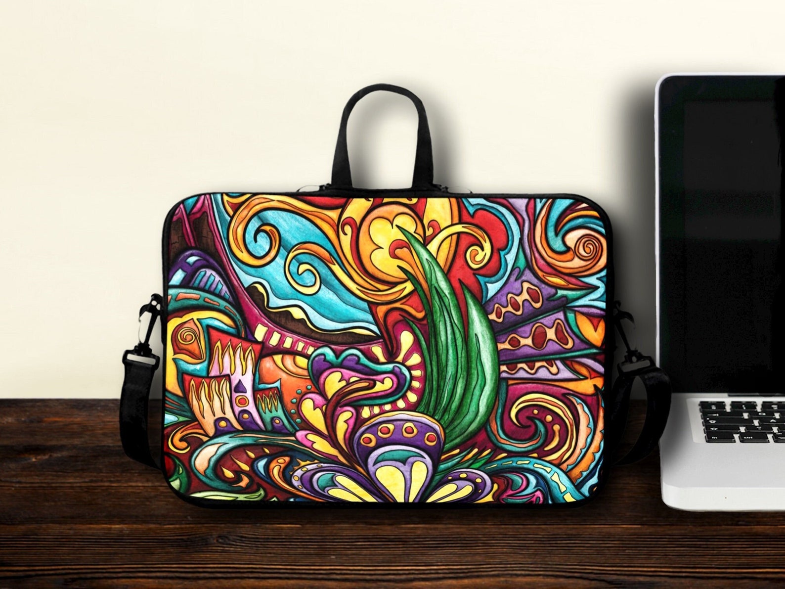Abstract City Art Laptop Bag, Sun and Plants Printed Crossbody Laptop ...