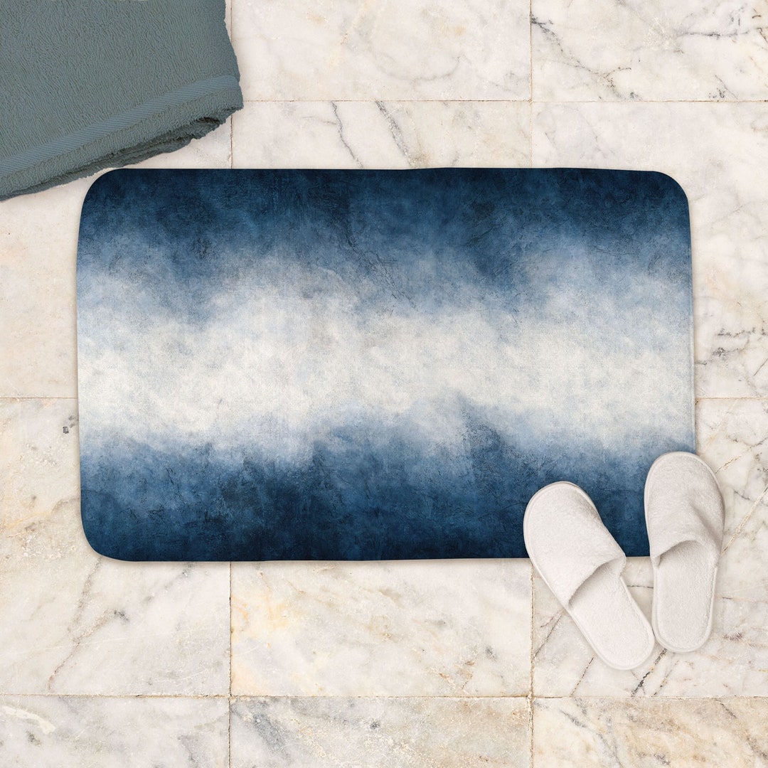 Blue Ombre Bath Mat, Gradient Blue and White Printed Memory Foam Bath ...