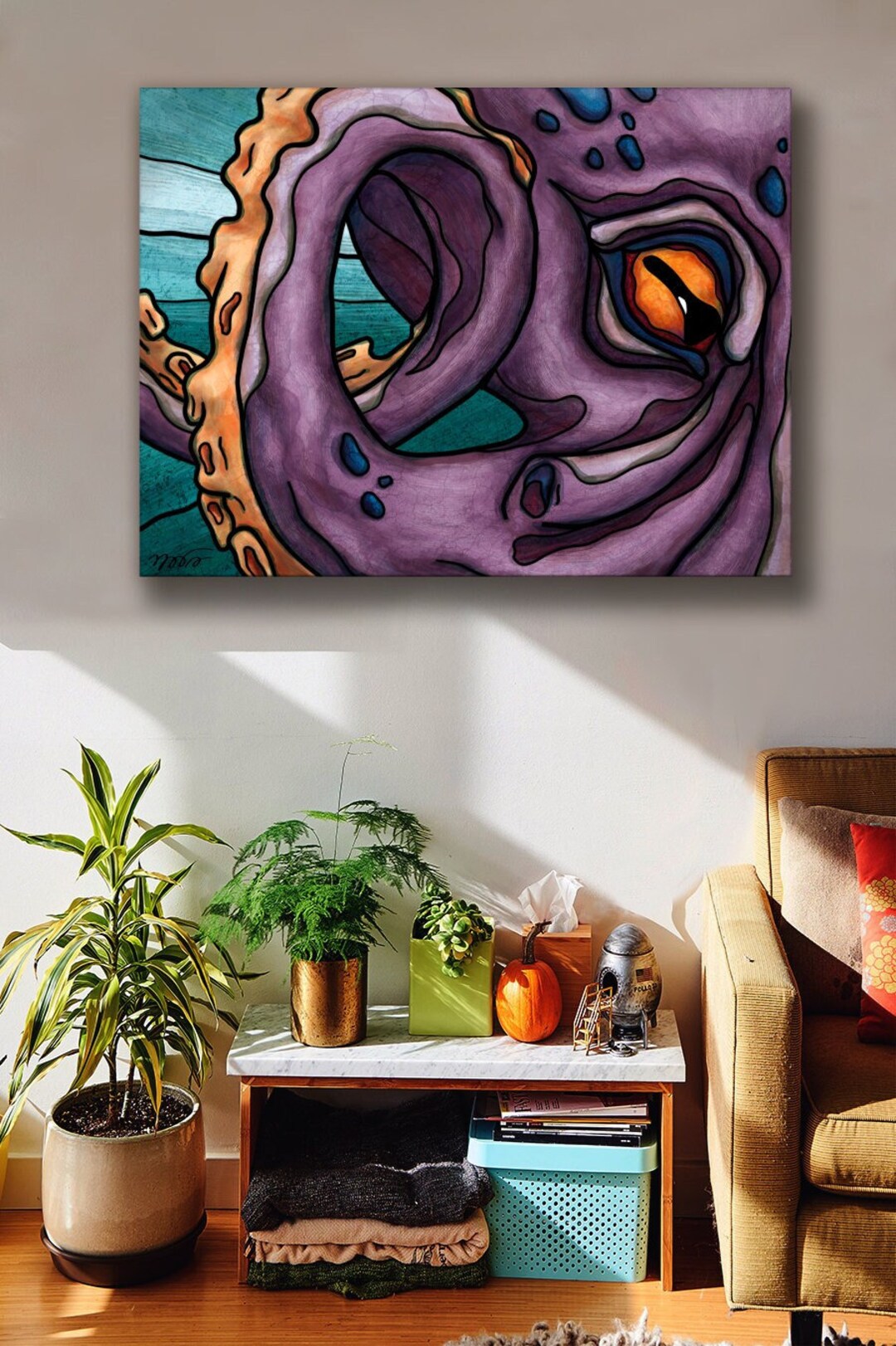 Giant Octopus Art Print on Stretched Canvas, Contemporary Sea Monster ...