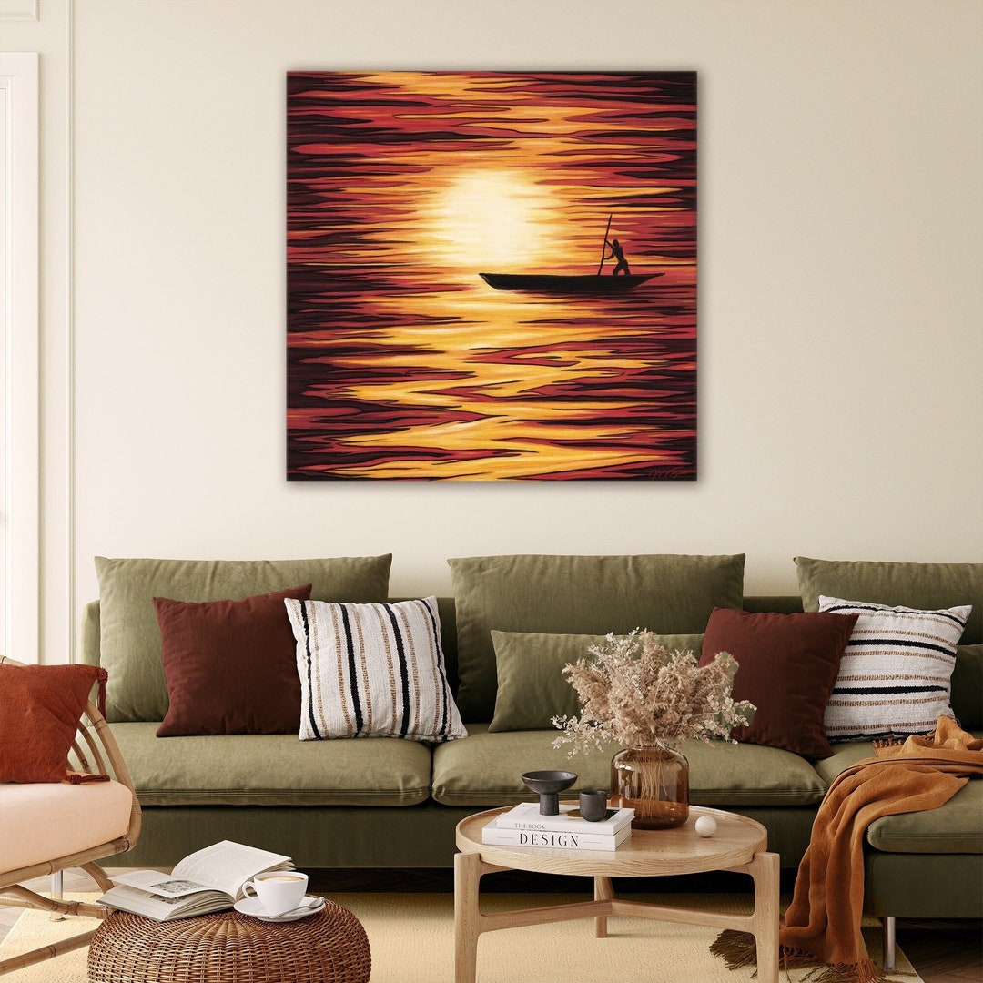 Tableau pirogue africaine et coucher de soleil, Peinture colorée ...