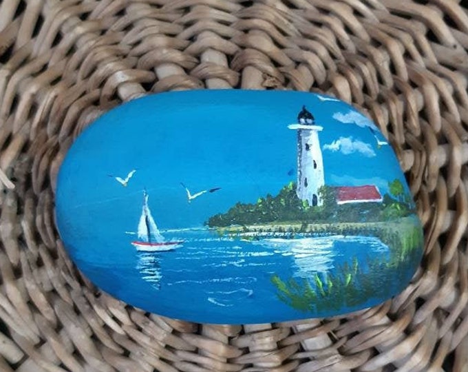 Lighthouse Painting, Hand Painted on Stone, Sea Landscape Painting ...