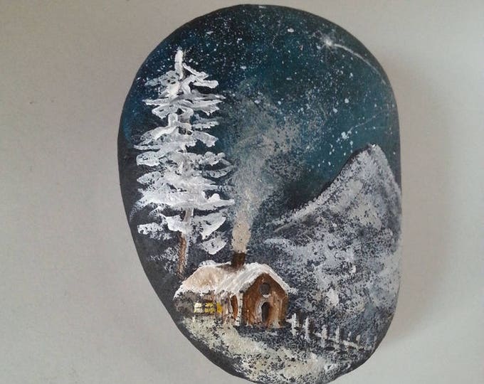 Mountain Cabin Original Painting, Hand-painted Rock, Winter Landscape ...