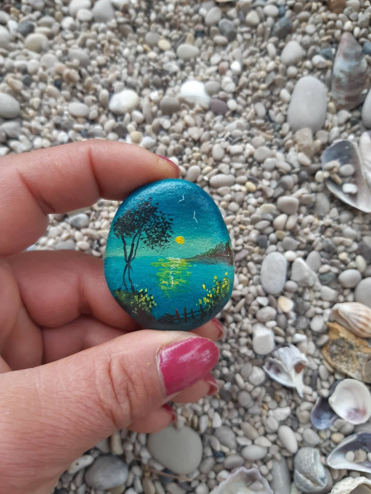 Hand-painted Magnet, Beach Stone Magnet, Landscape Magnet, Miniature ...