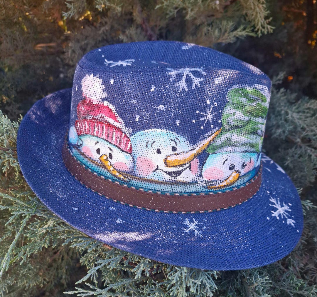 Snowman Hat, Hand Painted Straw Hat, Cute Snowmen, Party Hat, Snowflake ...