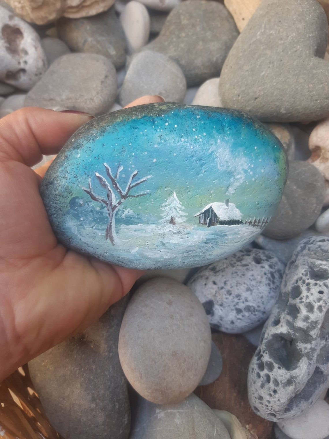 Winter Landscape Painting Landscape Painted Rock Beach Stone - Etsy