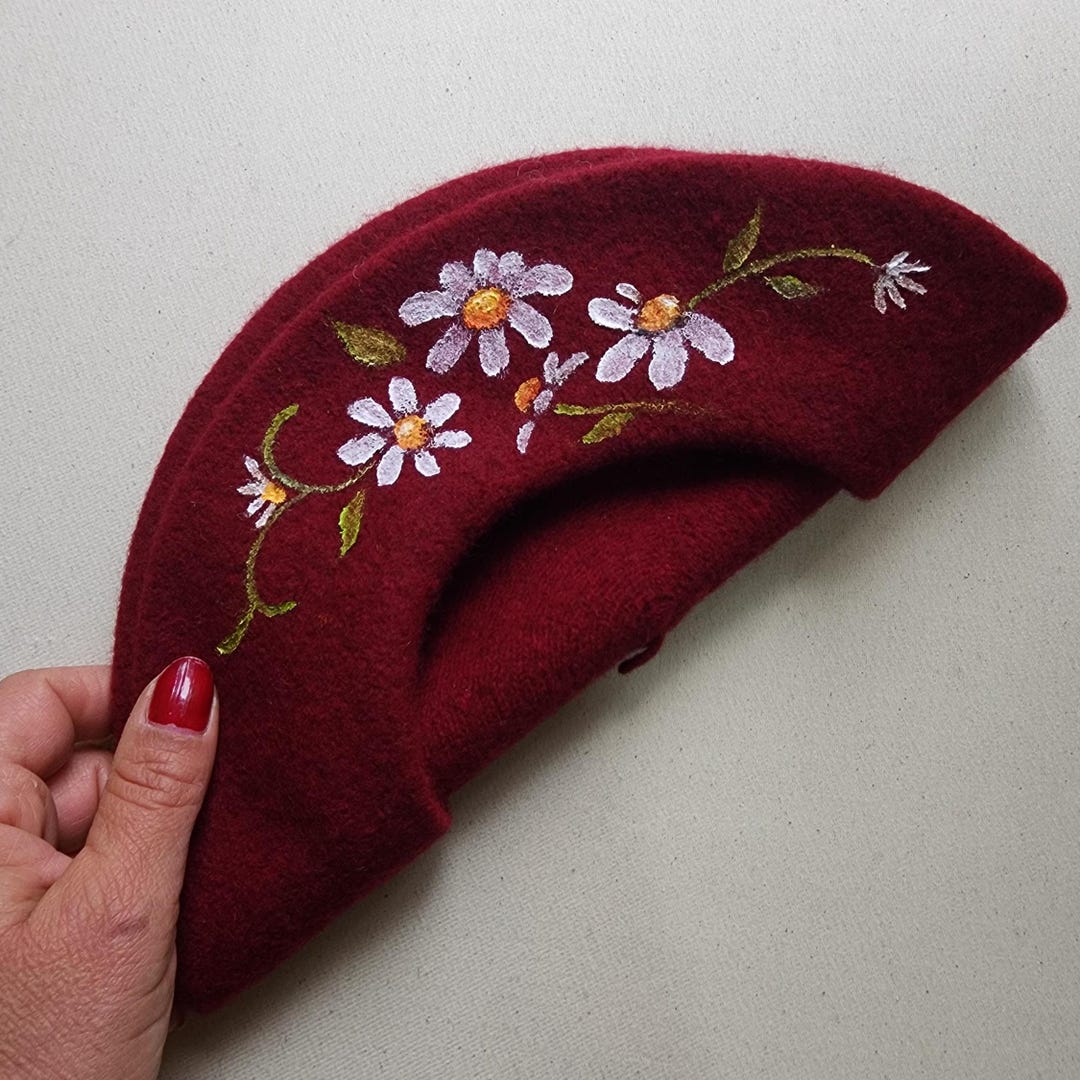 Claret Red French Beret, Painters Beret, Daisy Painted Beret, Women ...