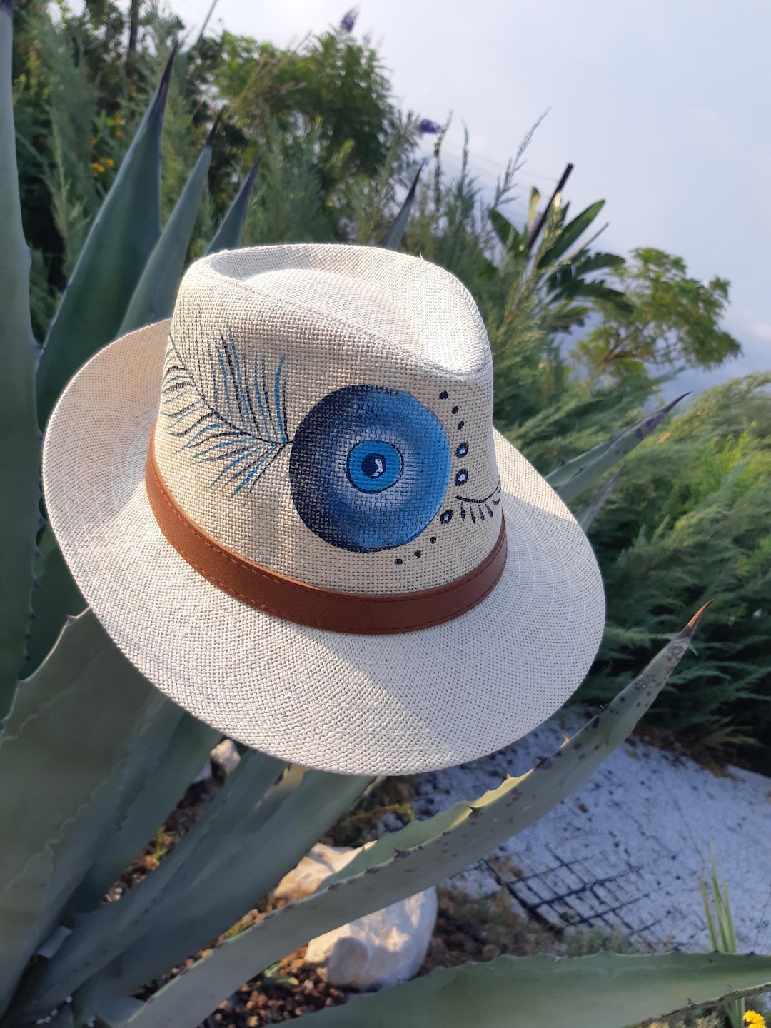 Hand-painted Evil Eye on Straw Hat, Wearable Art, Turkish Evil Eye ...