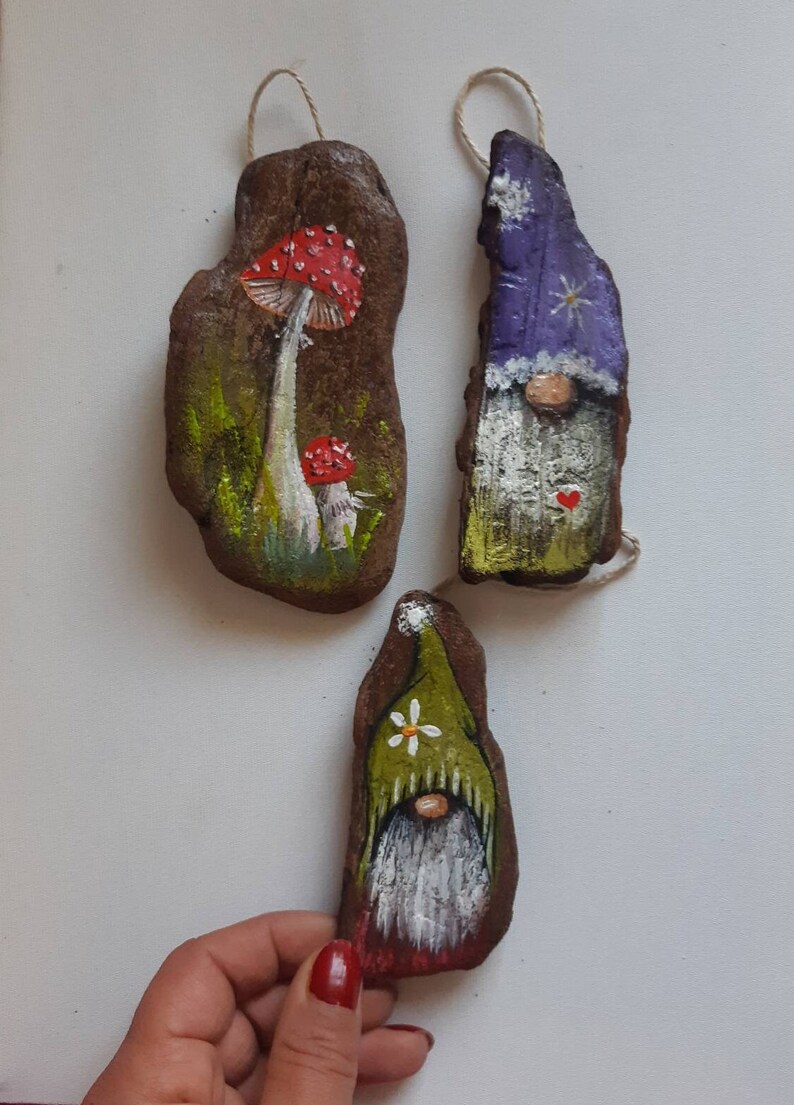 Hand Painted Gnome Ornaments Set of 3, Gnome Collection, Driftwood ...