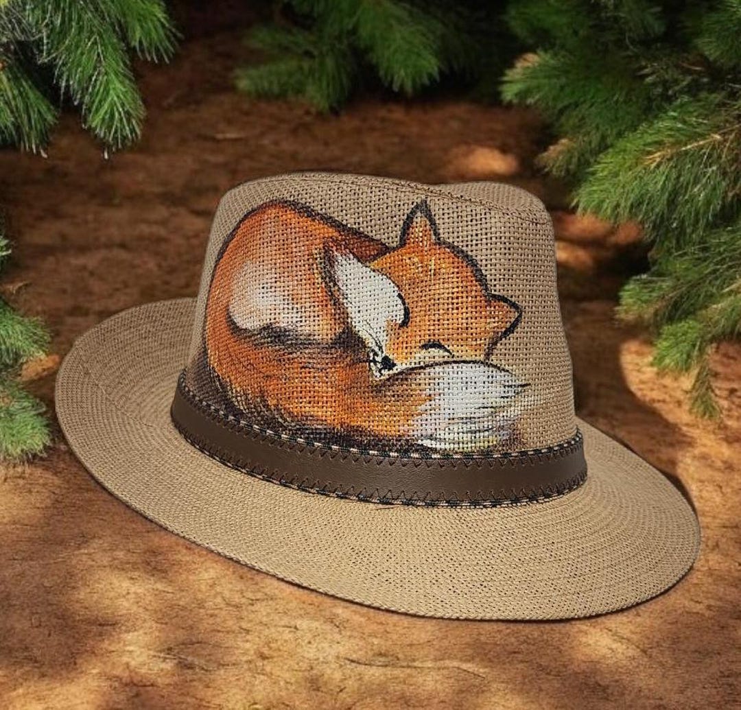 Hand Painted Red Fox Hat, Wearable Art, Painted Wild Animal Fedora Hat ...