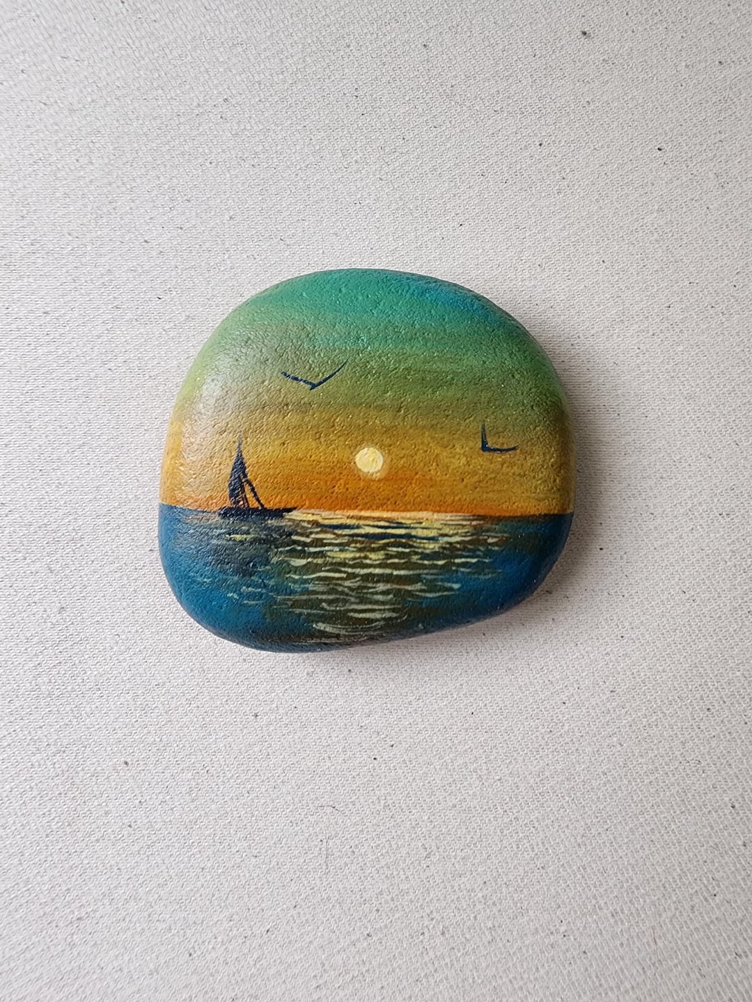 Sunset Seascape Painted Rock, Beach Stone Painting, Sea and Sailboat ...