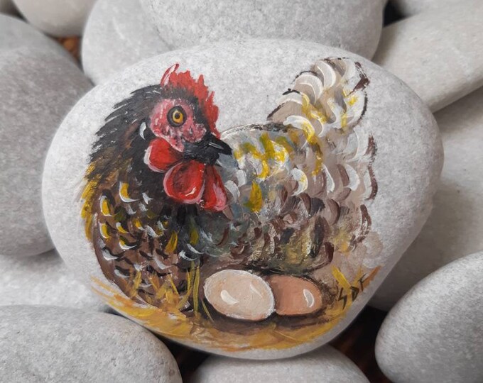 Hand-painted Chicken on Stone, Cute Chickens and Eggs, Chicken Painting ...
