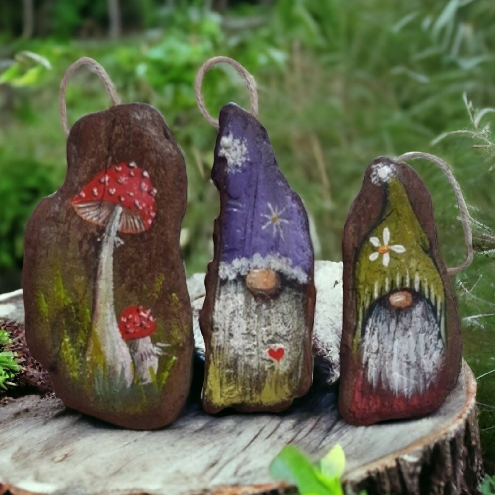 Hand Painted Gnome Ornaments Set of 3, Gnome Collection, Driftwood ...