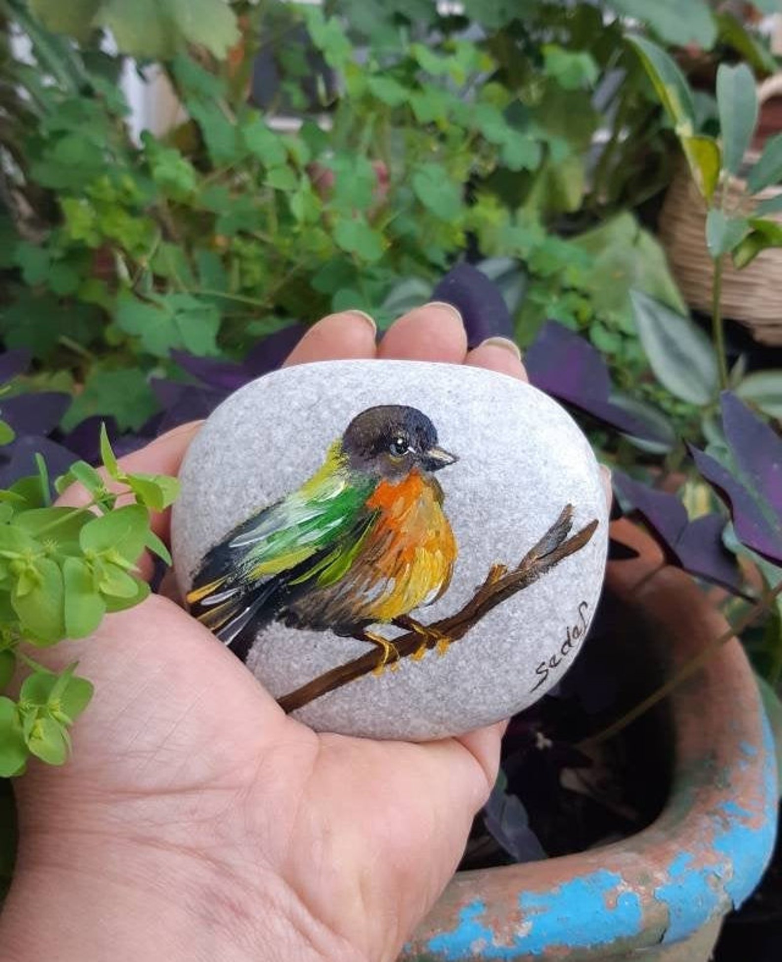 Bird Painted Rock Cute Bird Painting Beach Stone Table | Etsy