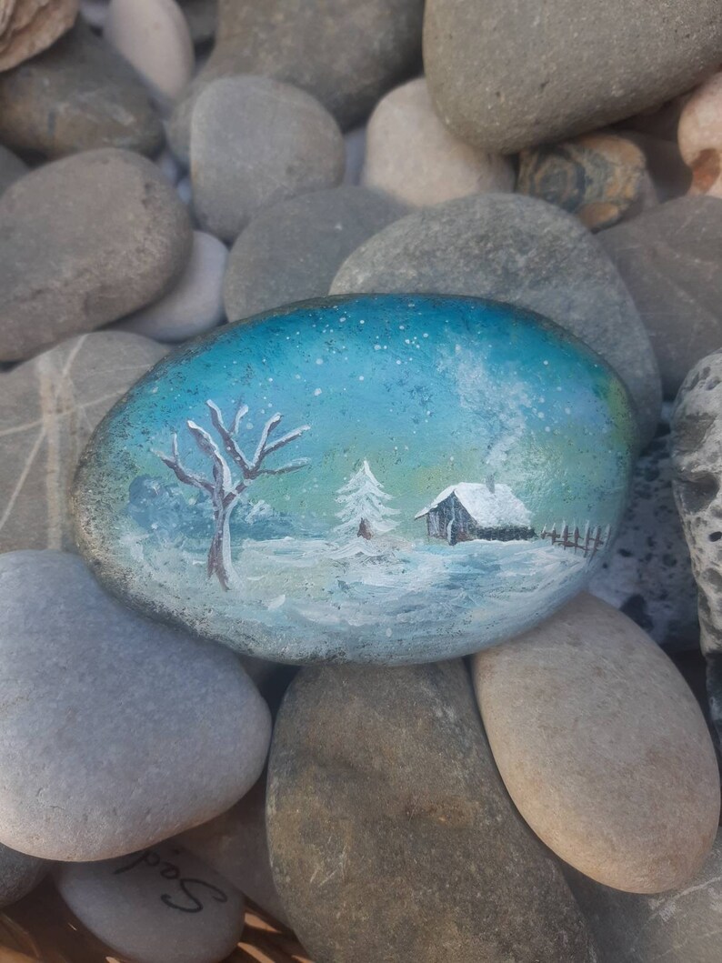 Winter Landscape Painting Landscape Painted Rock Beach Stone - Etsy