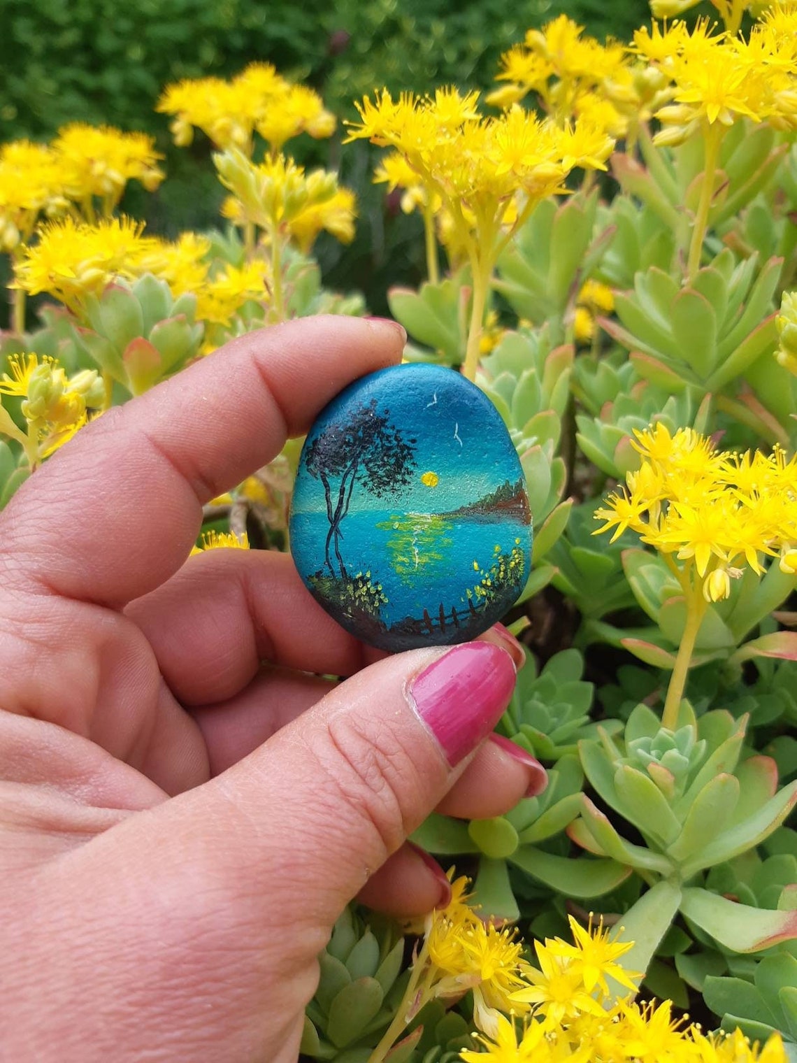 Hand-painted Magnet, Beach Stone Magnet, Landscape Magnet, Miniature ...