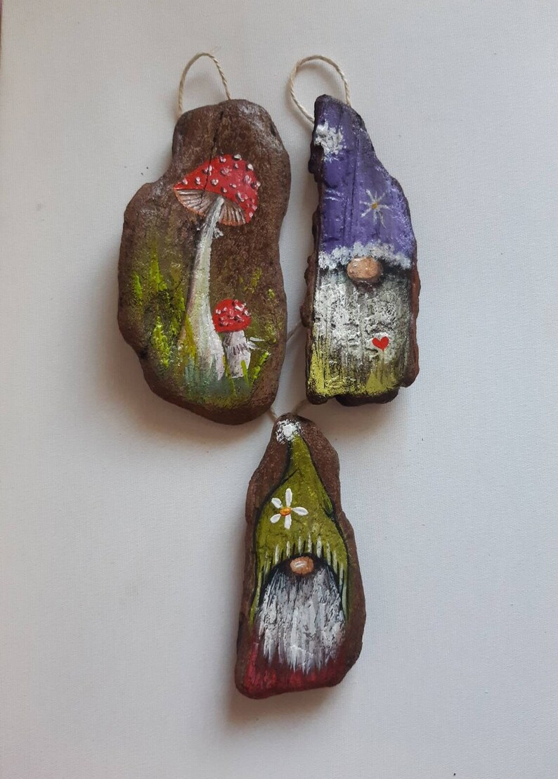 Hand Painted Gnome Ornaments Set of 3, Gnome Collection, Driftwood ...