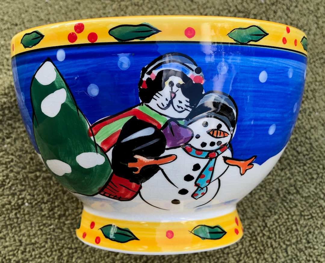 Holiday Bowl With Snowman and Cat - Etsy