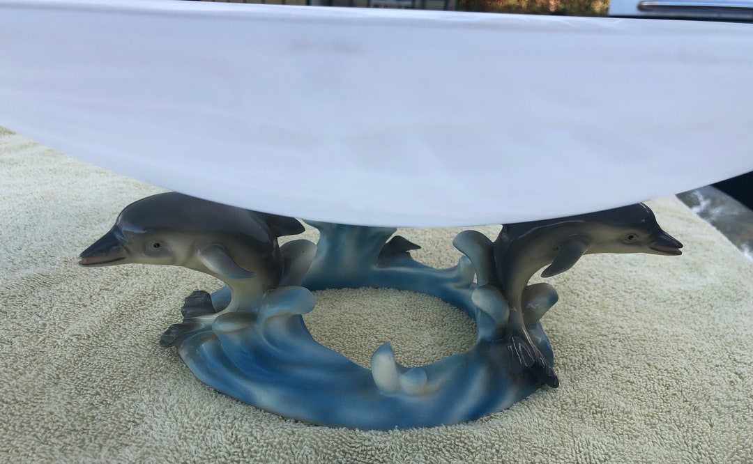 White Swirl Large Glass Bowl on Dolphin Stand, Italy - Etsy