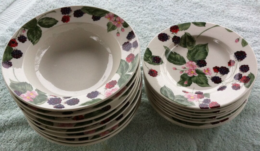Tienshan Stoneware Salad Plates and Soup Bowls (16) Blackberries ...