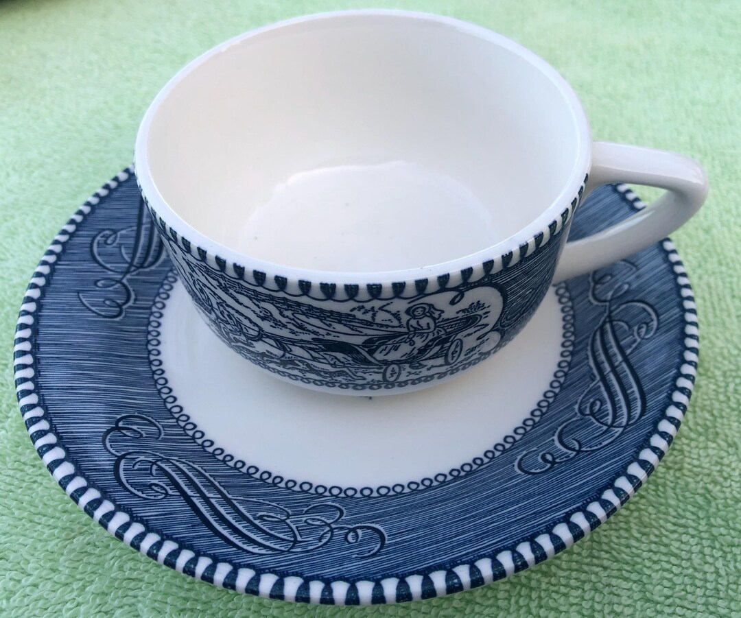 Currier & Ives Blue Cups and Saucers(old Grist Mill), 5 Each, 10 Total ...